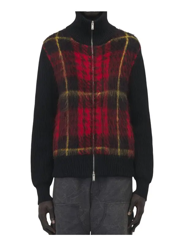 Alexander McQueen Brushed Effect Zip-up Cardigan With Tartan Panels - Red/black/yellow