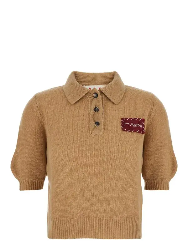 Marni Cashmere Short Sleeve Polo Jumper With Appliqu - Beige