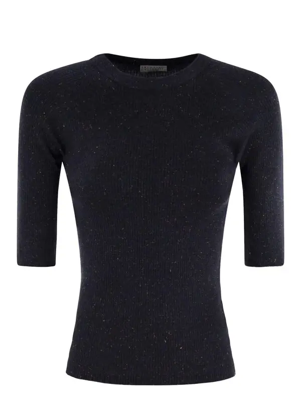 Brunello Cucinelli Speckled Knit Half Sleeve Top - Black
