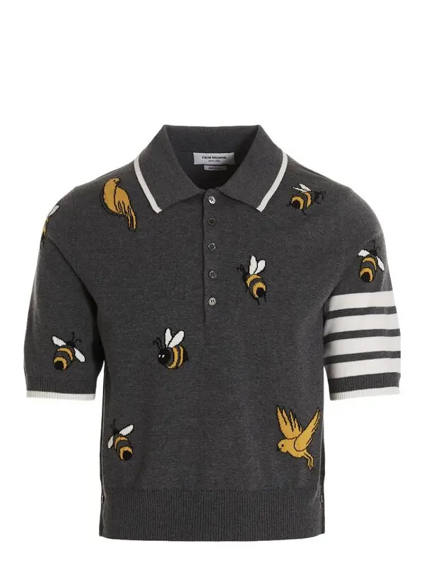 Thom Browne 4-bar Birds Bee Intarsia-knitted Polo Shirt - Gray