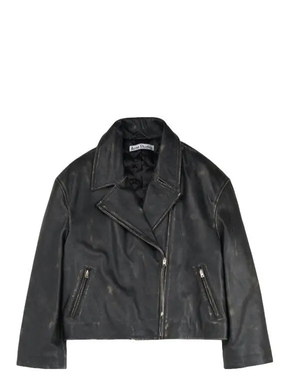 Acne Studios Logo Embossed Leather Biker Jacket - Black