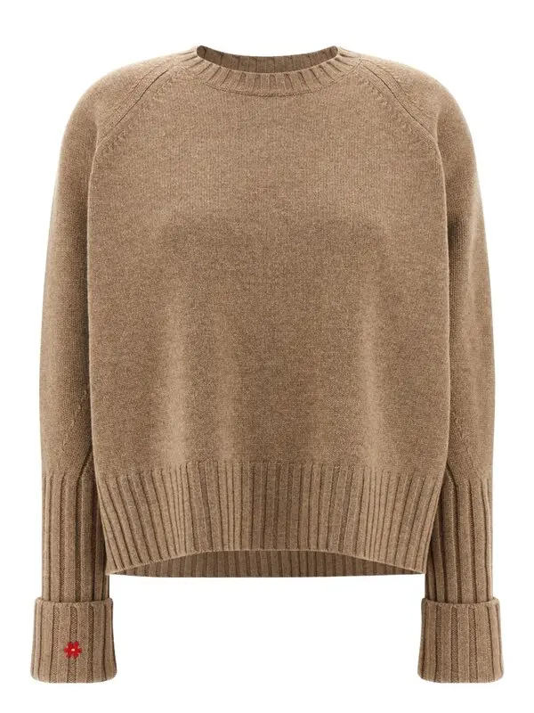 Tory Burch Crewneck Knitted Jumper With Embroidered Side Slits - Brown