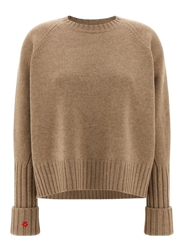 Tory Burch Crewneck Knitted Jumper With Embroidered Side Slits - Brown