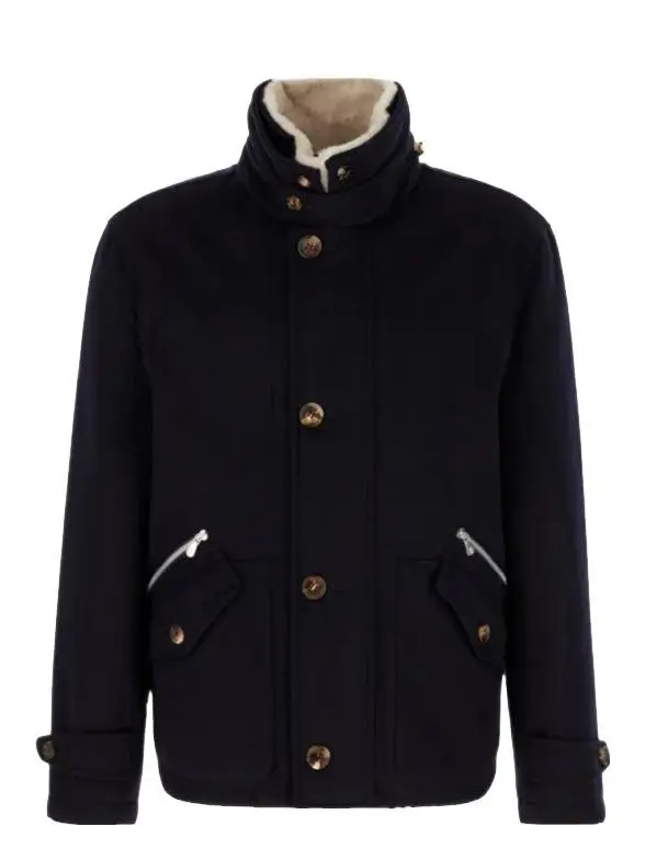 Brunello Cucinelli Padded Cashmere Stand-up Collar Jacket - Navy Blue