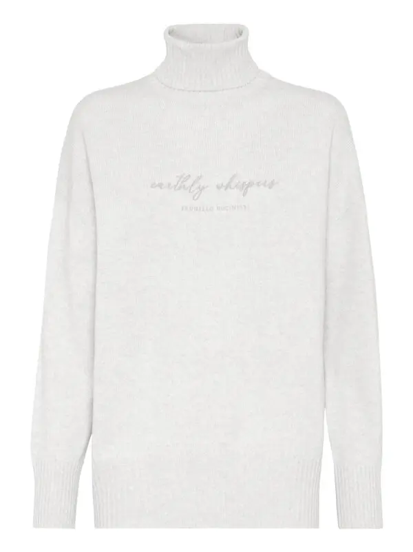 Brunello Cucinelli Roll-neck Drop-shoulder Jumper With Embroidery - Pearlescent Gray