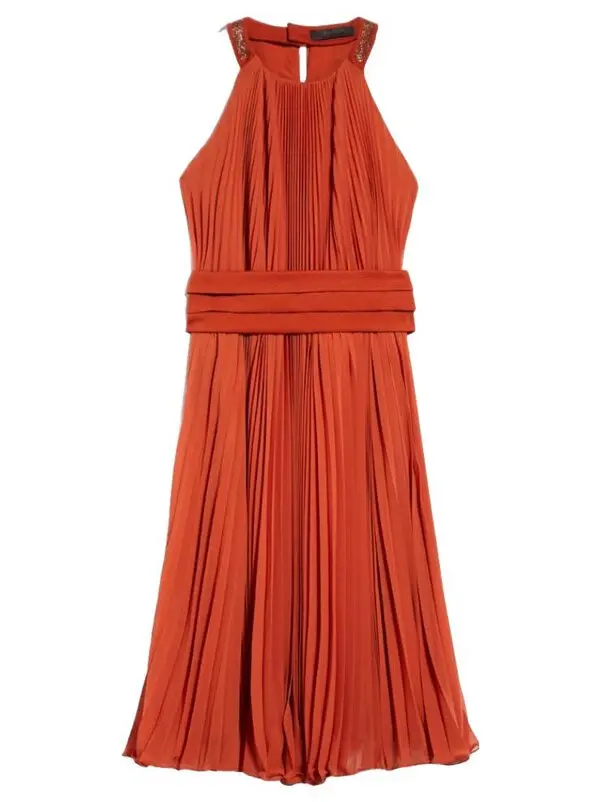 Max Mara Pleated Halter Neck Dress With Crystal Embellished Straps - Red