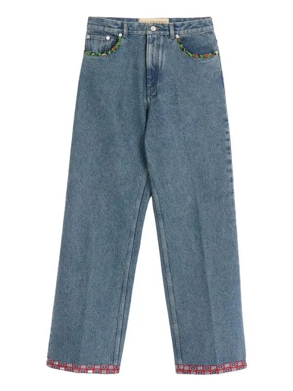 Valentino Garavani Denim Trousers With Printed Border - Blue