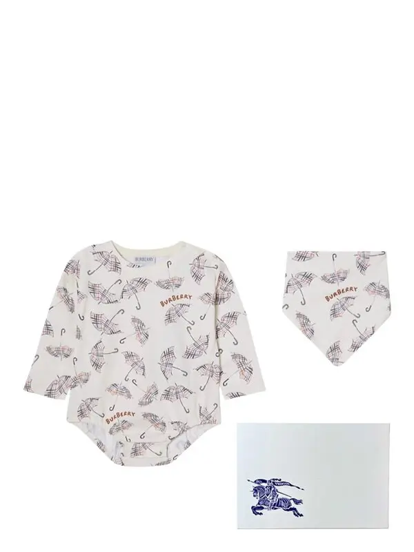 Burberry Allover Check Umbrella Print Body And Bib Set - White