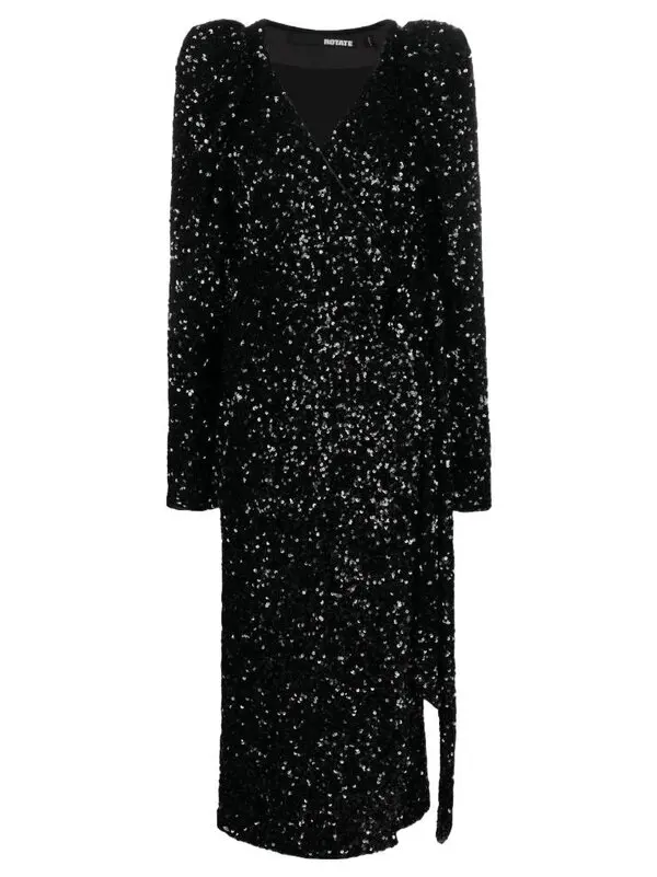 ROTATE BY BIRGER CHRISTENSEN Sequined V-neck Long-sleeve Maxi Dress - Black