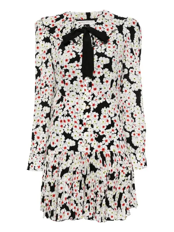 Alessandra Rich Floral Print Pleated Dress - White