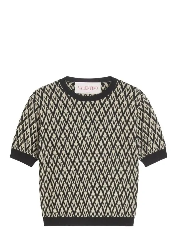 Valentino Garavani Jacquard Crewneck Jumper With Short Sleeves - Crema/black