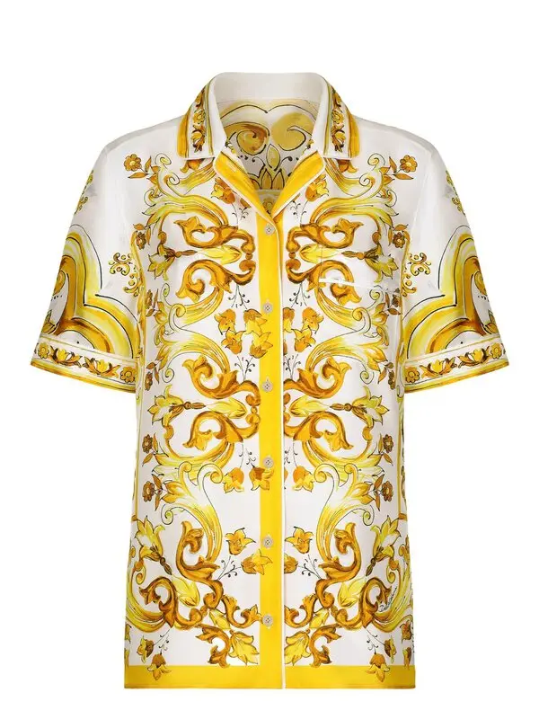 Dolce & Gabbana Majolica Print Short Sleeve Twill Shirt - White And Yellow