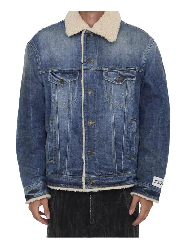 Dolce & Gabbana Distressed Denim Teddy Jacket With Embroidered Labels - Light Blue