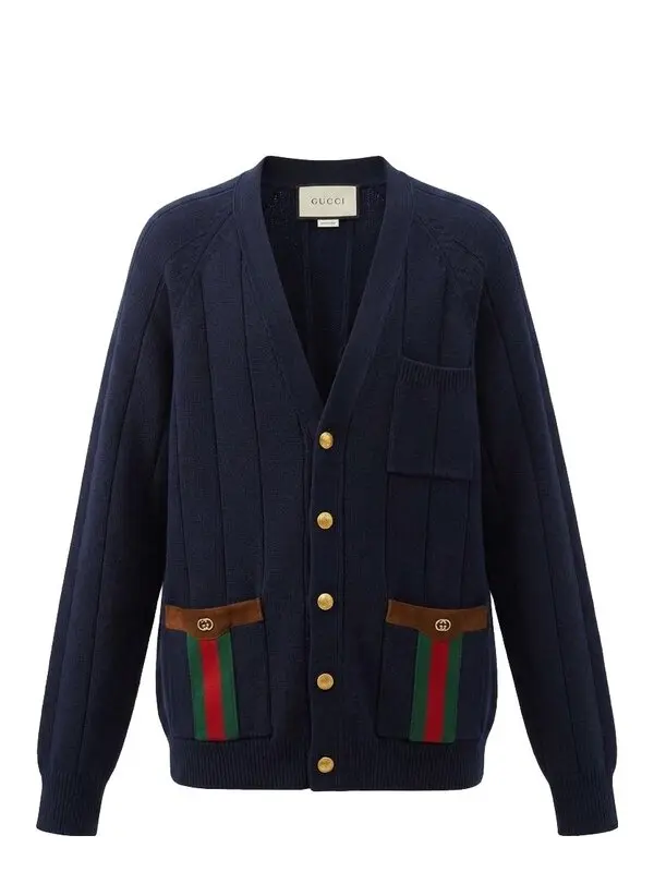 Gucci V-neck Knitted Cardigan With Web Detail - Dark Blue