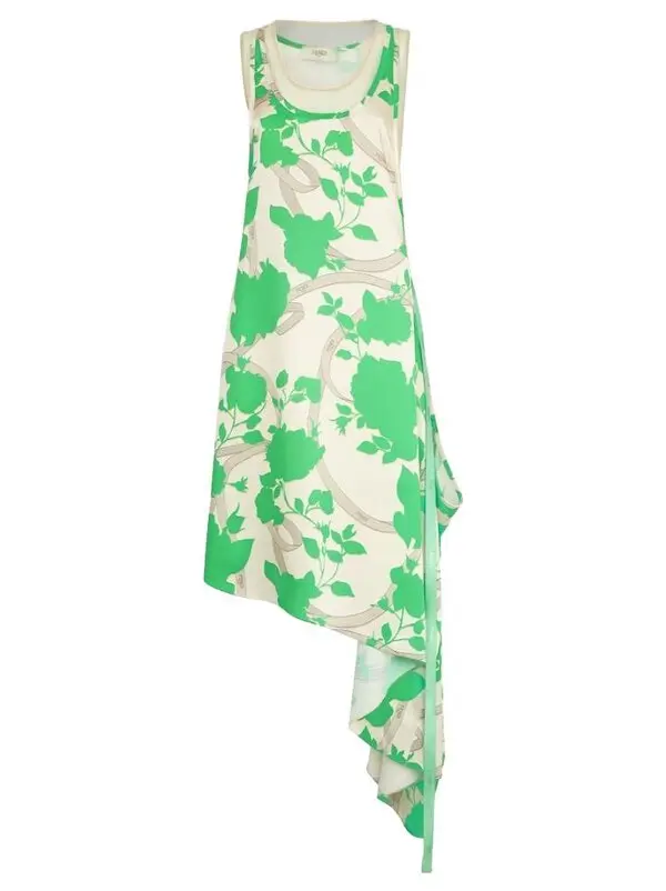 Fendi Sleeveless Asymmetrical Midi Dress With Floral Print - White