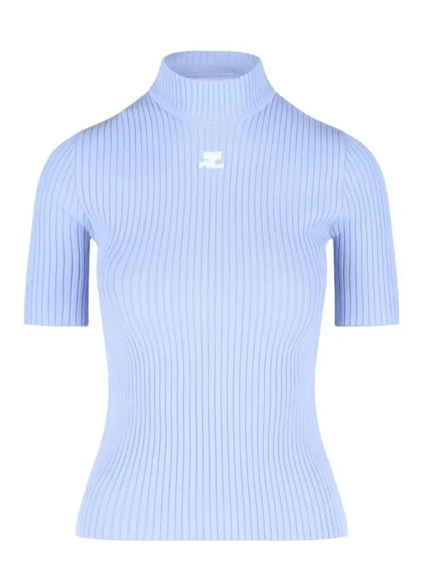 COURREGES Courrèges Ribbed High Neck Short Sleeve Jumper - Blue