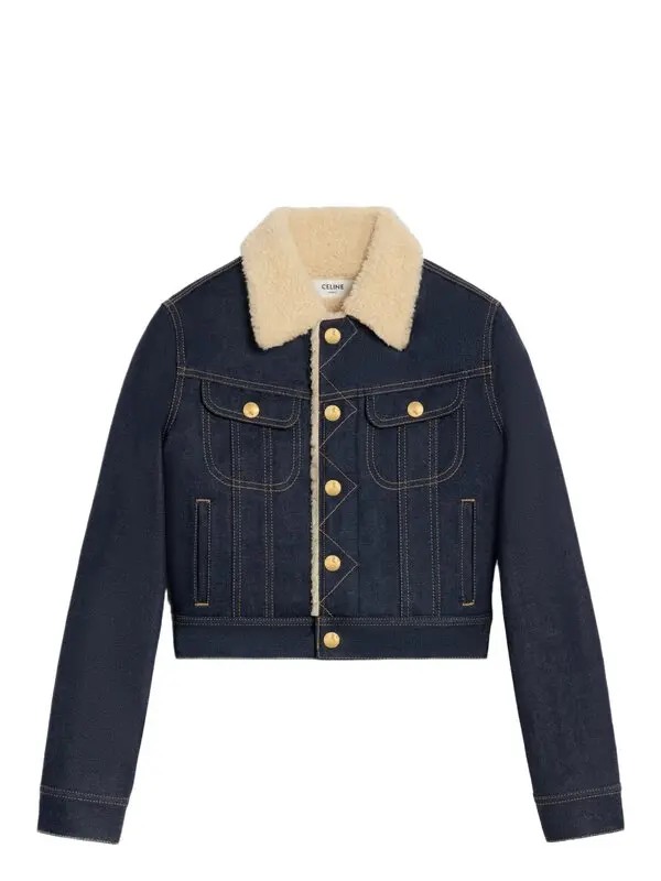 Celine Trucker Sherpa Jacket In Raw Wash Denim - Black