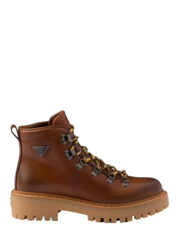 Prada Lace-up Leather Ankle Boots - Cognac
