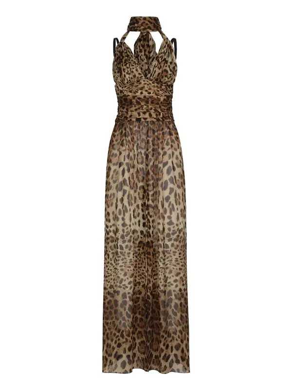Dolce & Gabbana Long Leopard Print Chiffon Dress With Scarf Detail - Brown