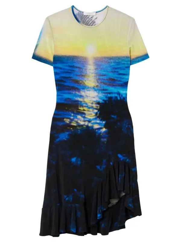 Rabanne Ruffled-trim Mini Dress With Sunset Print - Black