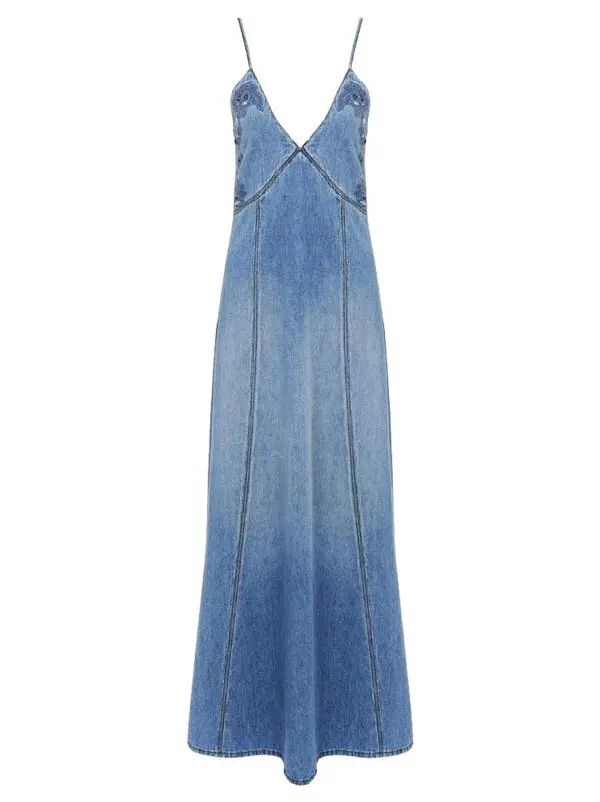 Chloé Maxi Denim Dress With V-neck - Fog Blue