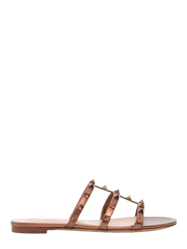 Valentino Garavani Rockstud Flat Metallic Nappa Slide Sandal - Brown