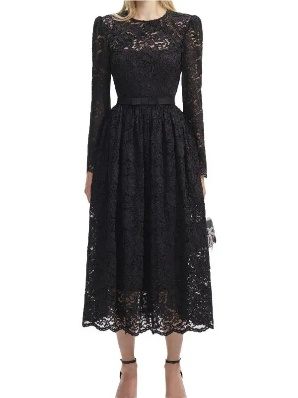 SELF-PORTRAIT Corded Lace Pleated Midi Dress - Black