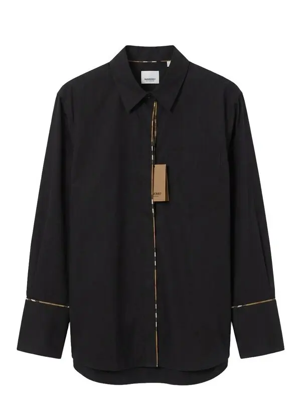 Burberry Stretch Cotton Shirt With Check Trim - Black