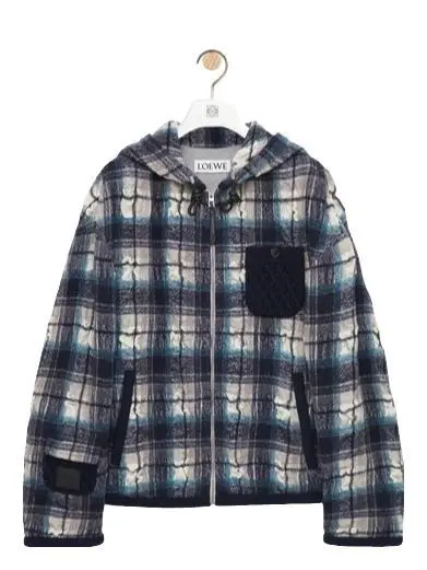 Loewe Hooded Jacket In Wool And Linen With Drawstring And Leather Patch - Navy Blue/white