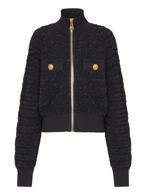Balmain Tweed Bomber Jacket With Lion Head Buttons - Black