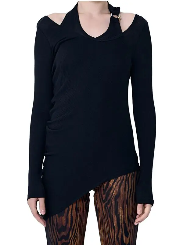 JEAN PAUL GAULTIER Asymmetric Knitted Top With Silver-tone Hardware - Black