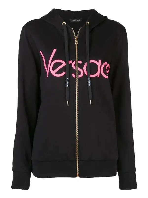 Versace Logo Print Zip-up Hooded Jacket - Black