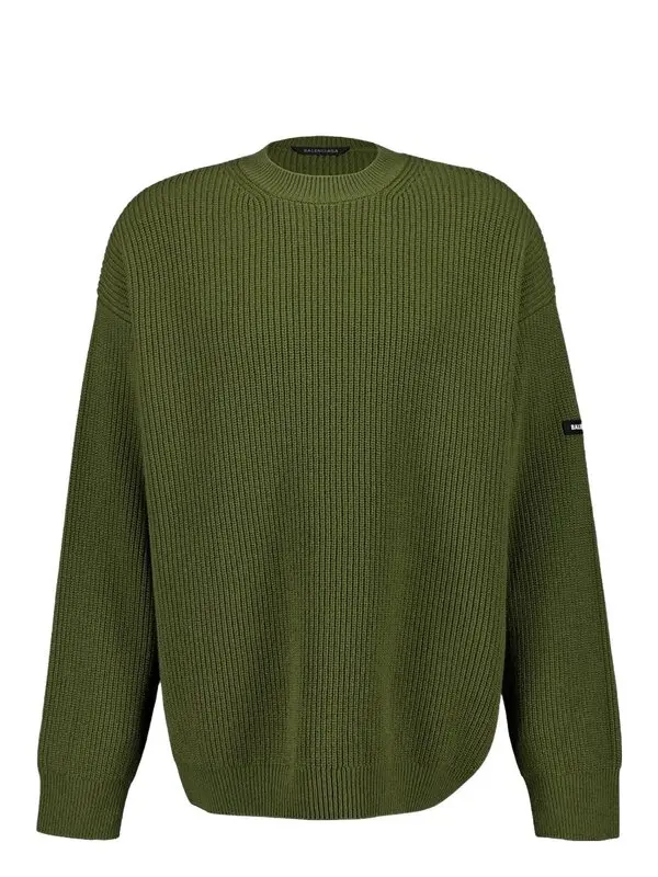 Balenciaga Ribbed Crewneck Jumper With Sleeve Logo Detail - Khaki Green