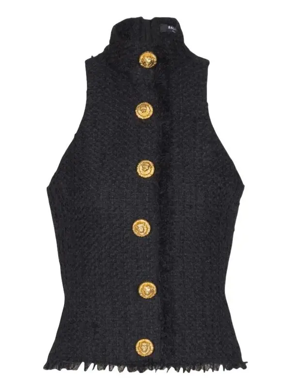 Balmain Button-down Backless Tweed Top - Black
