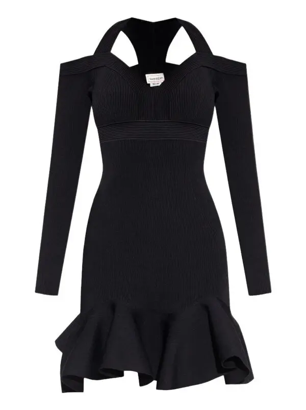 Alexander McQueen Rib Knit Ruffle Detailed Flared Mini Dress - Black