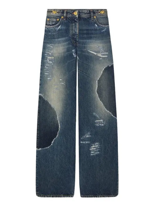 Versace Distressed Logo Patch Jeans - Blue