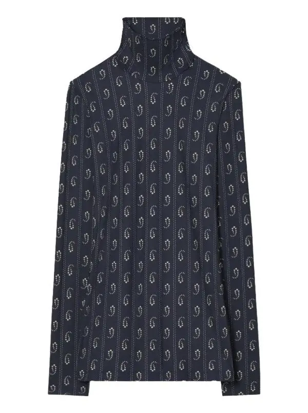 Tory Burch Paisley Print Turtleneck Top - Navy Pattern