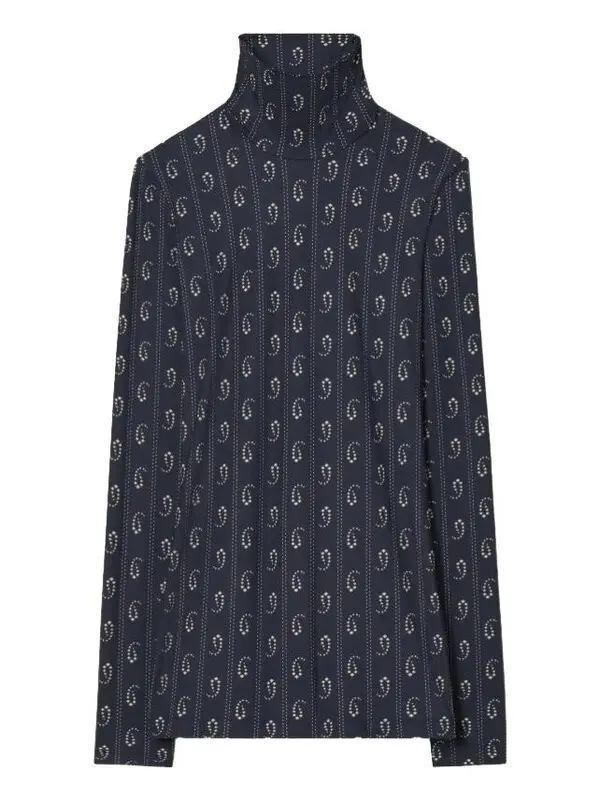 Tory Burch Paisley Print Turtleneck Top - Navy Print Pattern