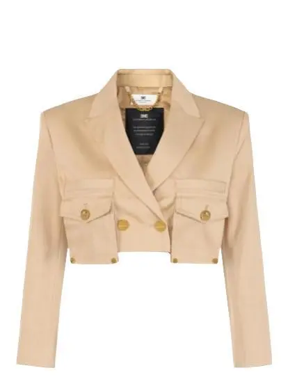 Elisabetta Franchi Cropped Double-breasted Jacket With Cargo Pockets - Camel