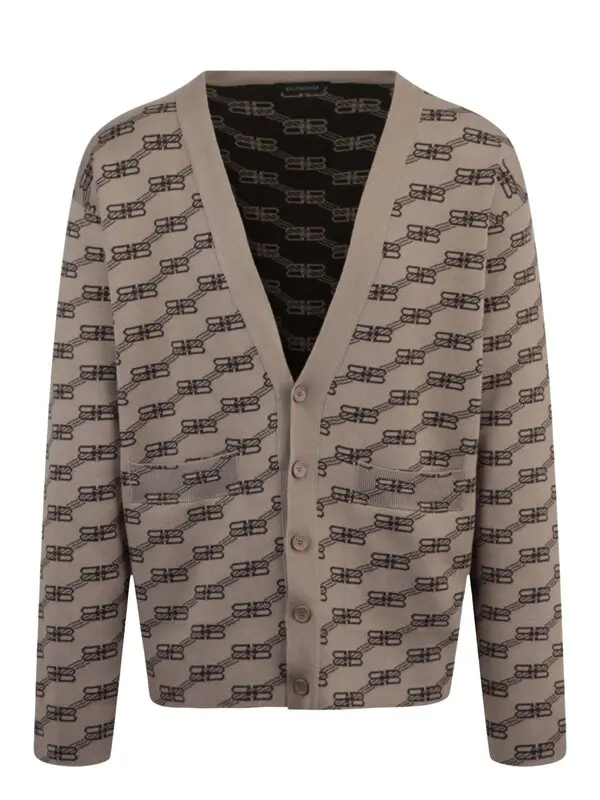 Balenciaga Licence V-neck Cardigan With All-over Logo Pattern - Beige/brown