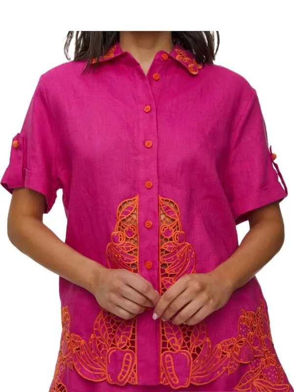 Farm Rio Guipure-lace Trim Short Sleeve Shirt - Pink