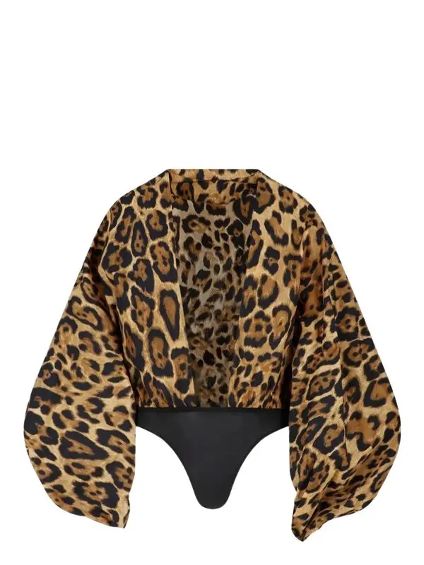Alaïa Leopard Print Bodysuit With Voluminous Sleeves - Black