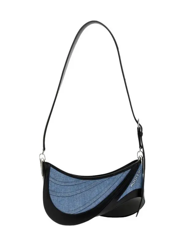 MUGLER Logo Plaque Denim Shoulder Bag - Black