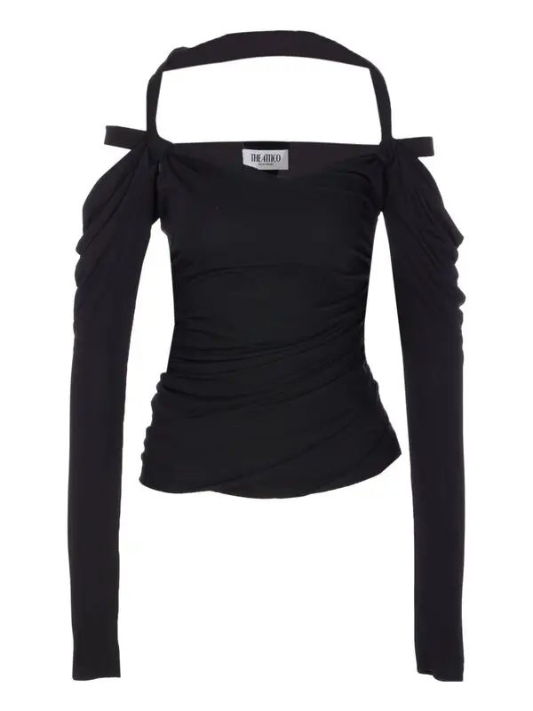 Attico Halterneck Ruched Long Sleeve Top - Black