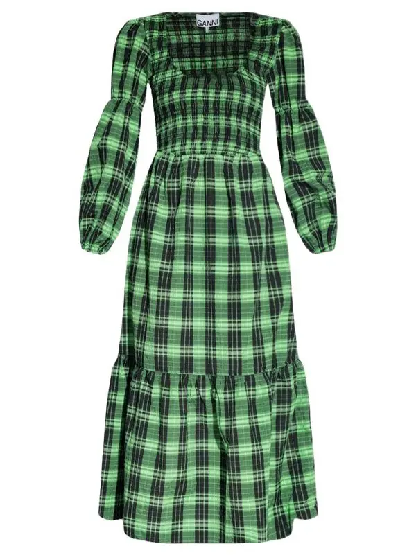GANNI Seersucker Check Maxi Dress - Green