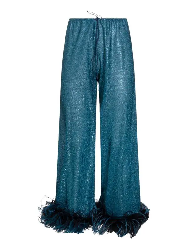 Oseree Lurex Thread Trousers With Feather Trim - Blue