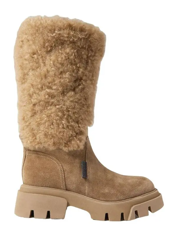 Brunello Cucinelli Suede Shearling Lined Boots - Brown