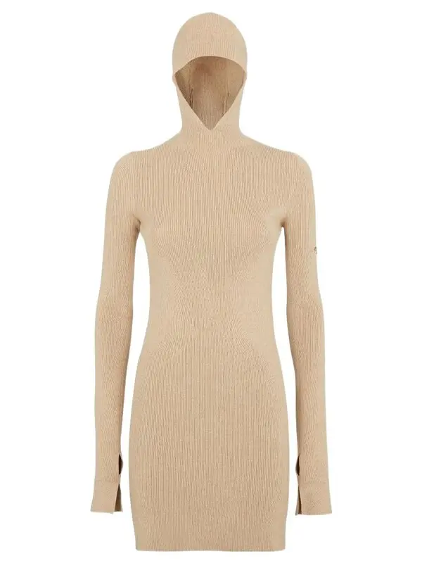 Fendi Long Sleeved Hooded Ribbed-knit Dress - Light Brown