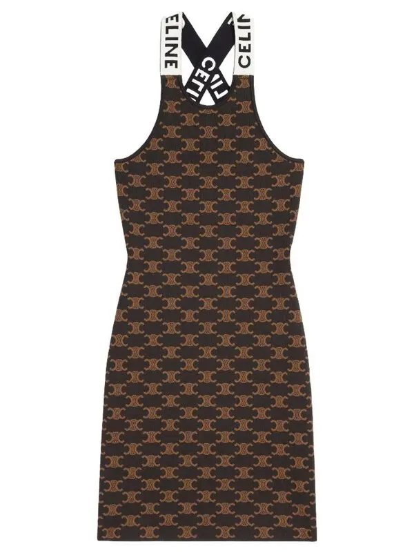 Celine Monogram Silk Cotton Dress With Criss-cross Straps - Black