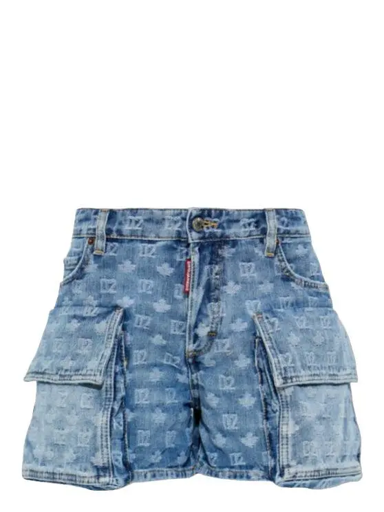 Dsquared2 Light Wash Cargo Shorts With All-over Monogram - Blue